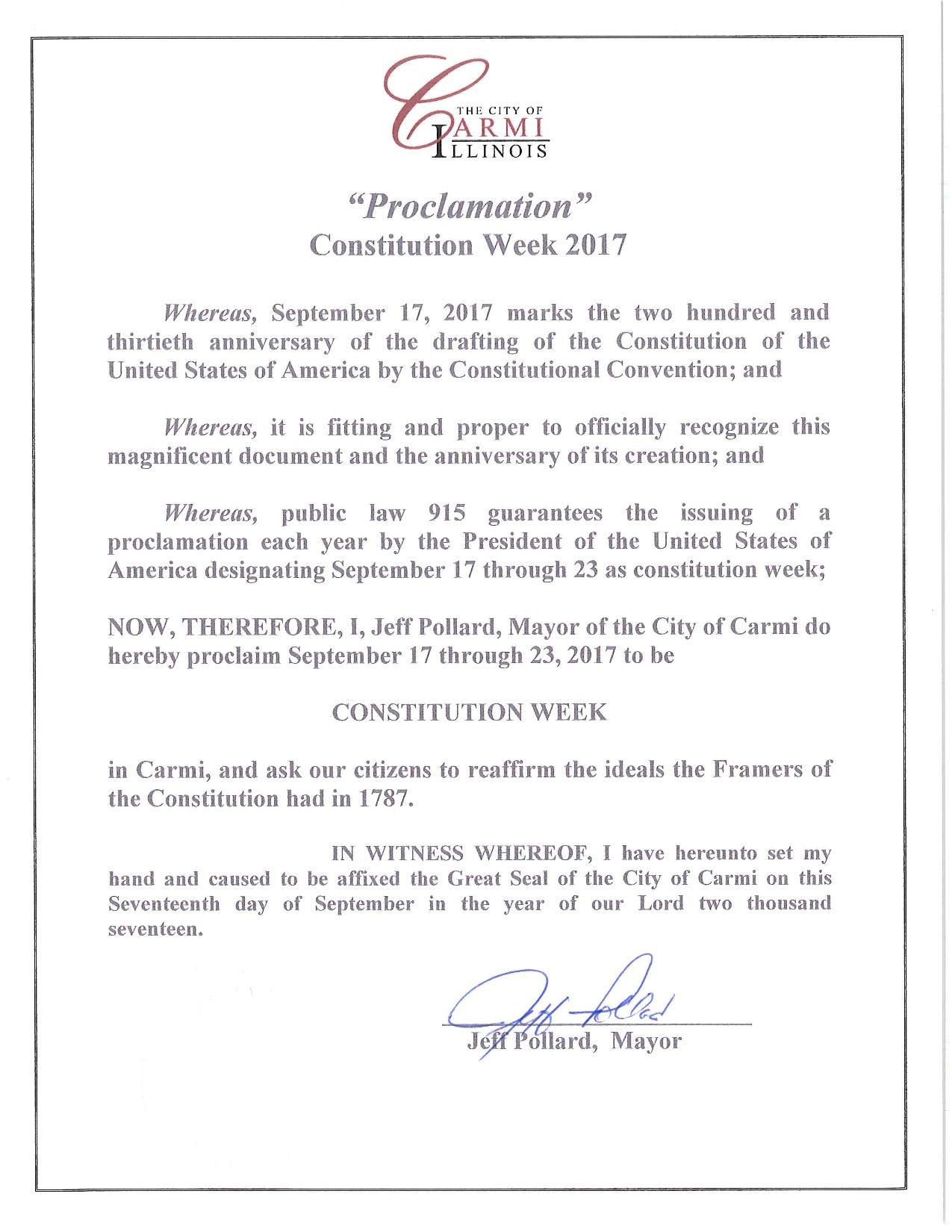 Mayor Pollard signs Constitution Week proclamation – WRUL-FM