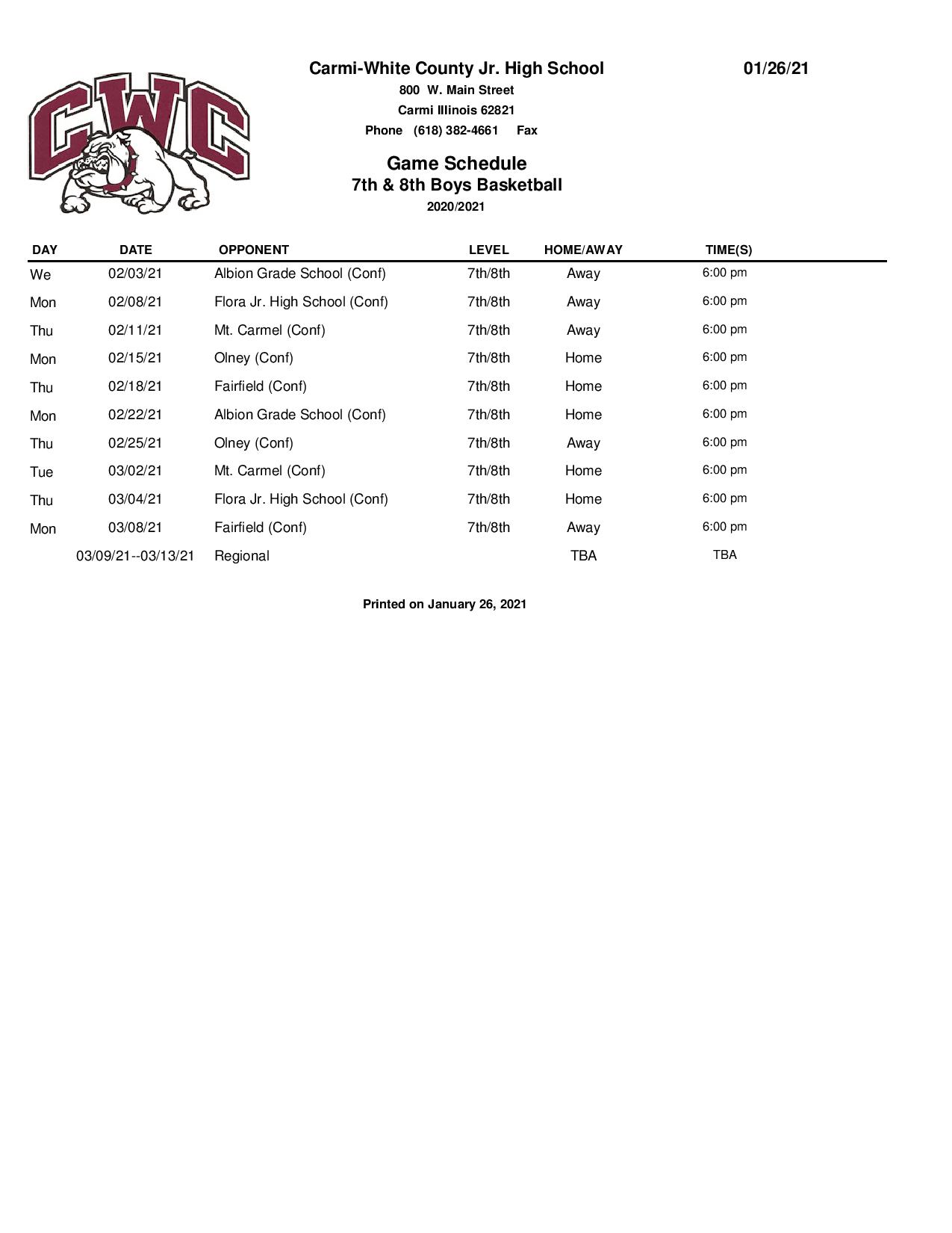 Carmi-White County Junior High School Sports Schedules Released – WRUL-FM