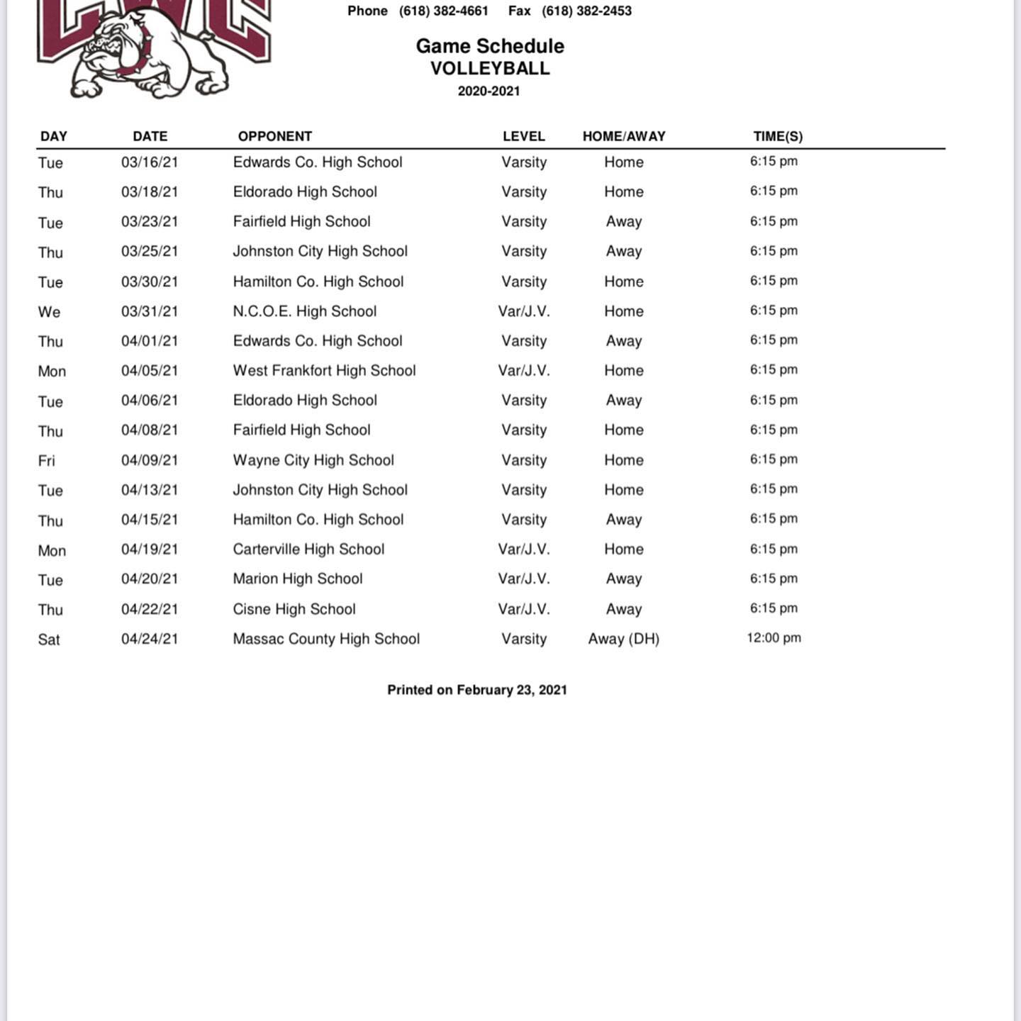 CWCHS Spring Sports Schedules (Volleyball and Football) – WRUL-FM